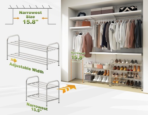 2-Tier Low Shoe Rack, 100% Stainless Steel, Small Expandable Shoe Rack ...