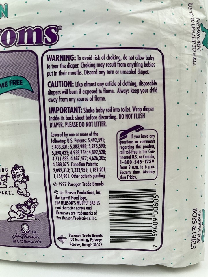 Dri Bottoms Diapers Newborn 10lbs Sealed 28 Pack Henson Muppets 1997 ...