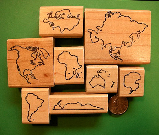 World Continents Set, 7 Continents, 7-pc set, Wood Mounted Rubber ...
