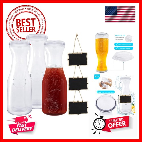 3 Pack Glass Bottles Set Glass Carafe with Lids 34 Ouces Water Decater ...