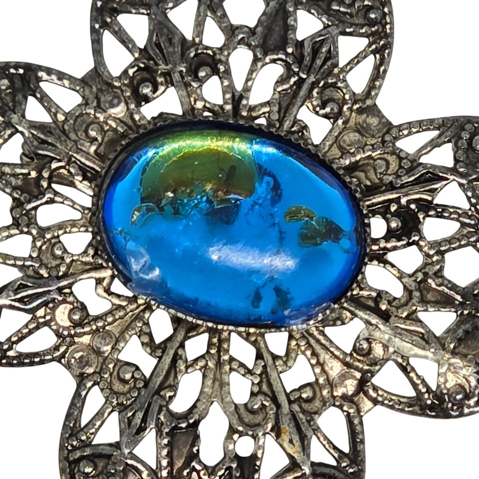 Vintage Filigree Brooch Blue Cabochon Glass Stone w Chain Tassel | eBay