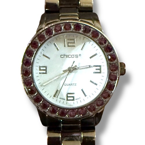 Chicos Watch Womens Black Gray Gunmetal Polished Red Jeweled Bezel ...