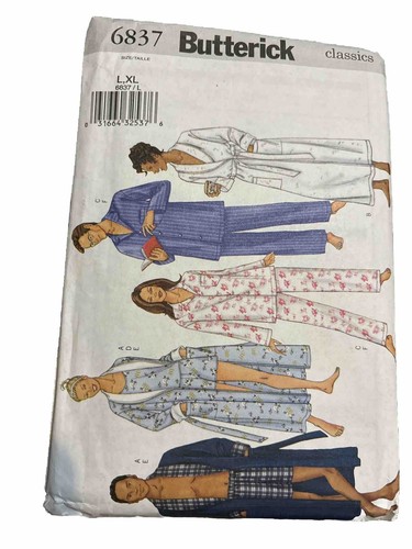 BUTTERICK Sewing Pattern B6837 UNISEX ROBE TOP PAJAMAS Size:L-XL UN-CUT ...