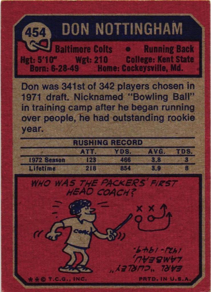 DON NOTTINGHAM 1973 Topps Football #454 FREE SHIPPING B7R3S14P2 | eBay