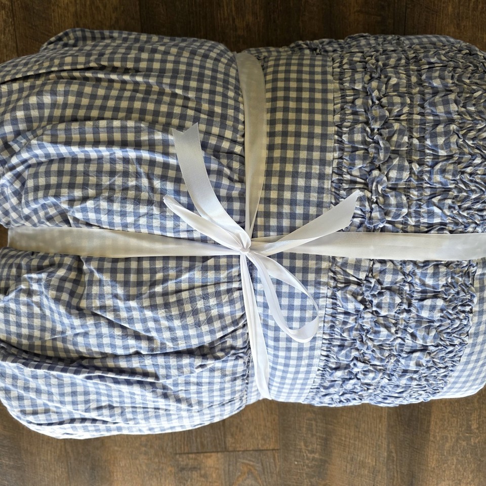 Pottery Barn Nantucket Gingham Quilt Full/Queen Blue White Farmhouse | eBay