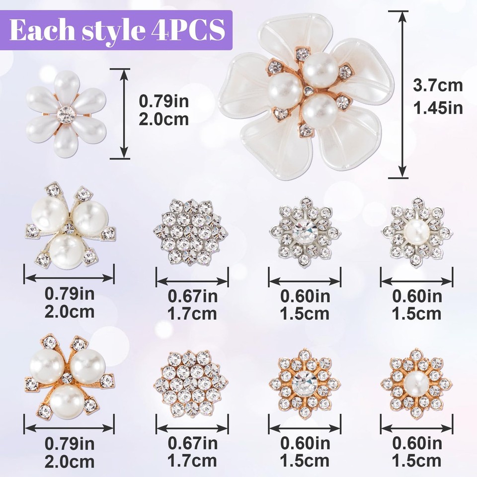 HINZIC 40 PCS Pearl Rhinestone Buttons Flower Brooch Pin 40pcs, Gold ...