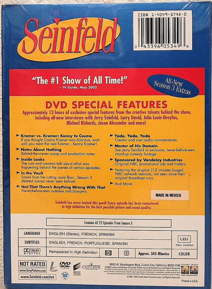 Seinfeld - Season 3 (DVD, 2004, 4-Disc Set) Jerry Seinfeld - Brand New ...