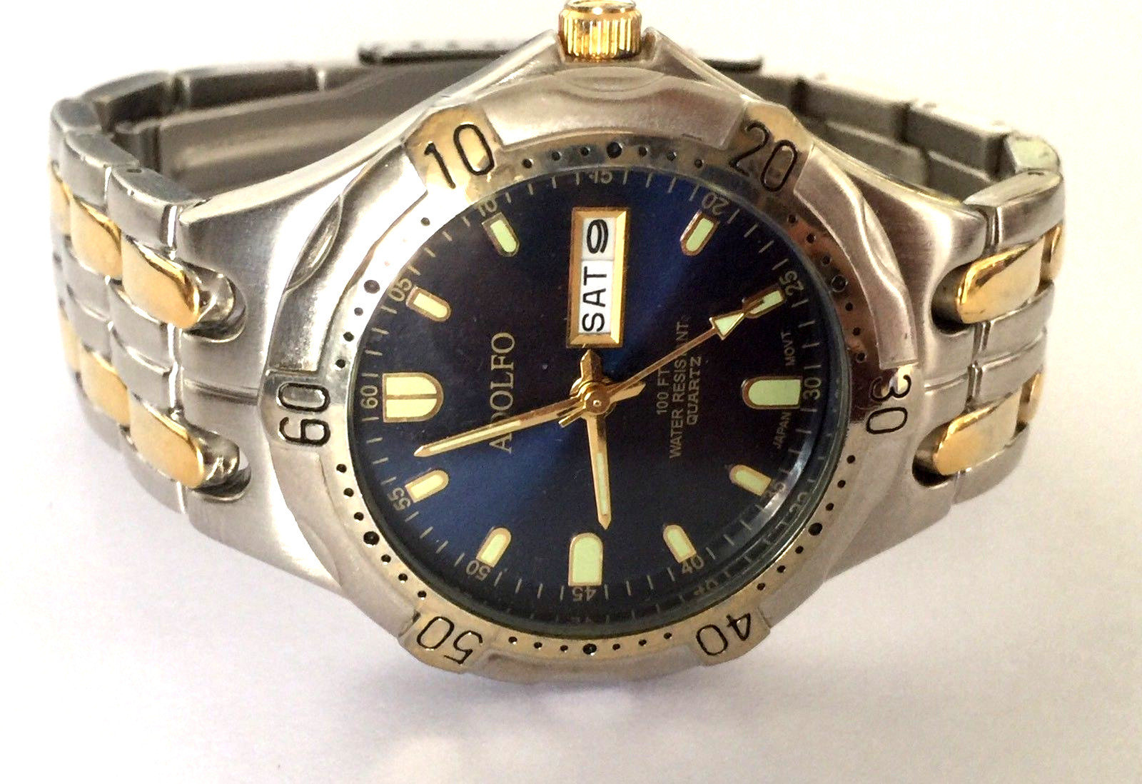 ADOLFO AF1176 138 PC33 TWP TONE DAY DATE DARK BLUE DIAL MENS WATCH RUNS ...