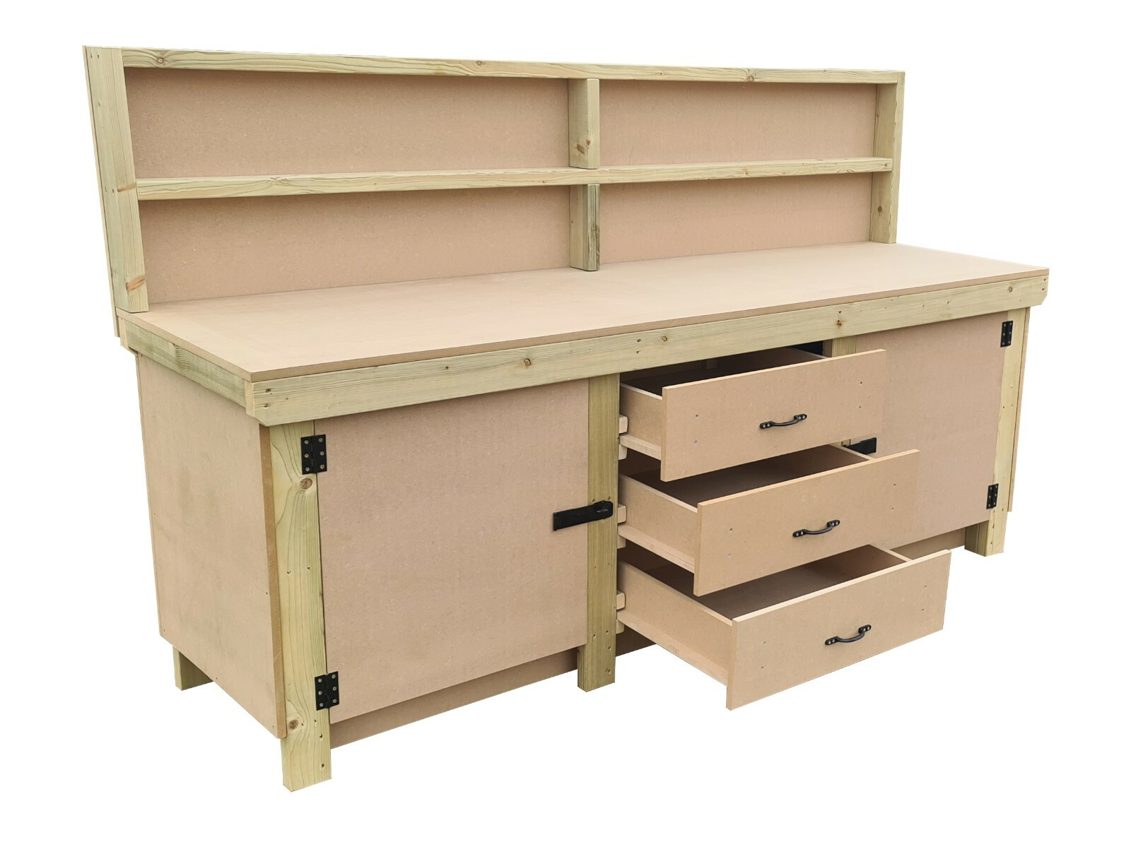 Wooden Workbench With Drawers and Double Lockable Cupboard Heavy-Duty ...