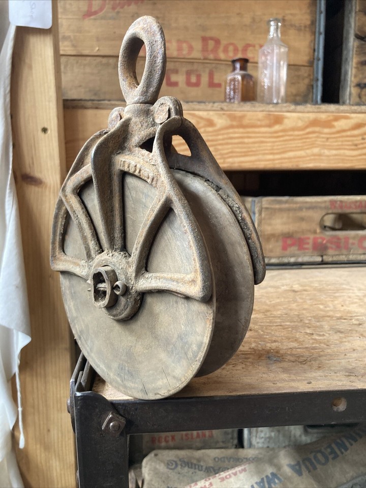 Antique Cast Iron Wood Wheel Pulley Block Tackle Vintage Metal Farm ...