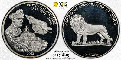 CONGO SILVER PROOF 10 FRANCS COIN 2002 KM#124 ERWIN ROMMEL PCGS ...