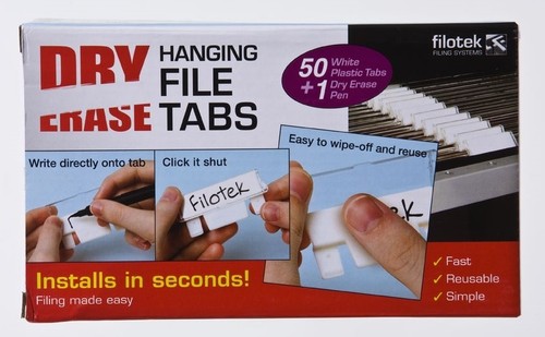 Filotek Filing Tabs Dry Erase 50pk White & Pen Fast ,Reusable, Simple # ...