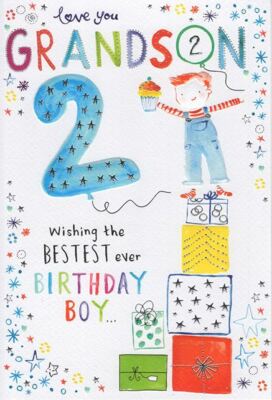 Grandson 2nd Birthday Card 2 Boy & Presents Design Happy Lovely Verse ...