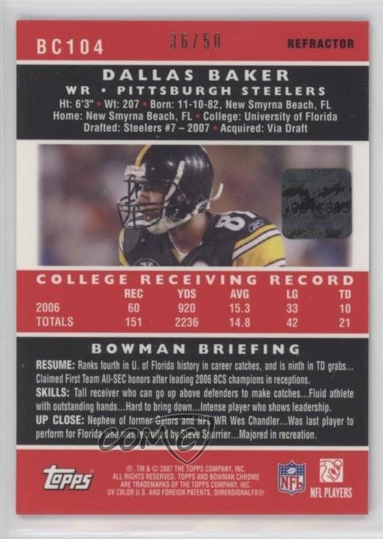 2007 Bowman Chrome Rookie Auto Gold Refractor /50 Dallas Baker #BC104 ...