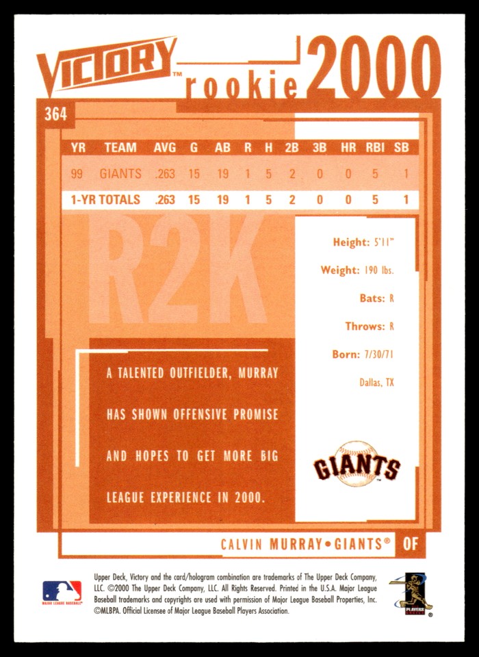 2000 Upper Deck Victory #364 Calvin Murray Rookie San Francisco Giants ...