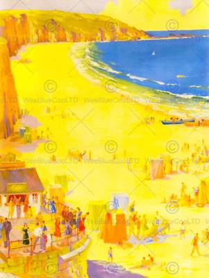 PAINTING LANDSCAPE FILEY BEACH SAND SEA ENGLAND UK TRANSPORT ADVERT ...