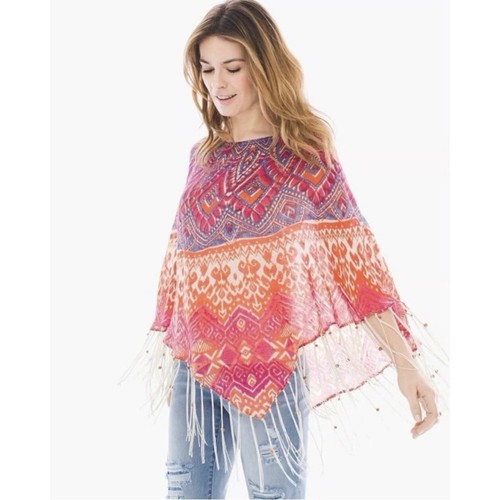 Chico’s Phoebe 100% Linen Fringe Poncho O/S Lightweight Boho Hipster ...