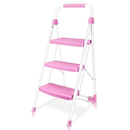 3 Step Folding Ladder, 500lbs Steel, Non-Slip, Lightweight for Home ...