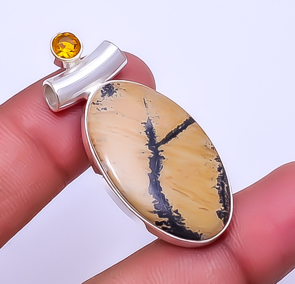 Honey Dendritic Opal - Mexico & Citrine 925 Sterling Silver Pendant 1. ...