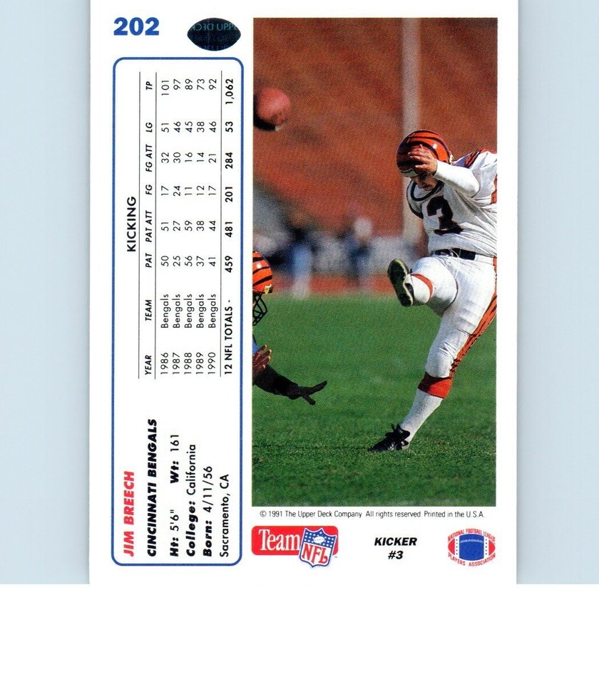 Jim Breech 202 Bengals 1991 Upper Deck NFL Football Trading Card | eBay