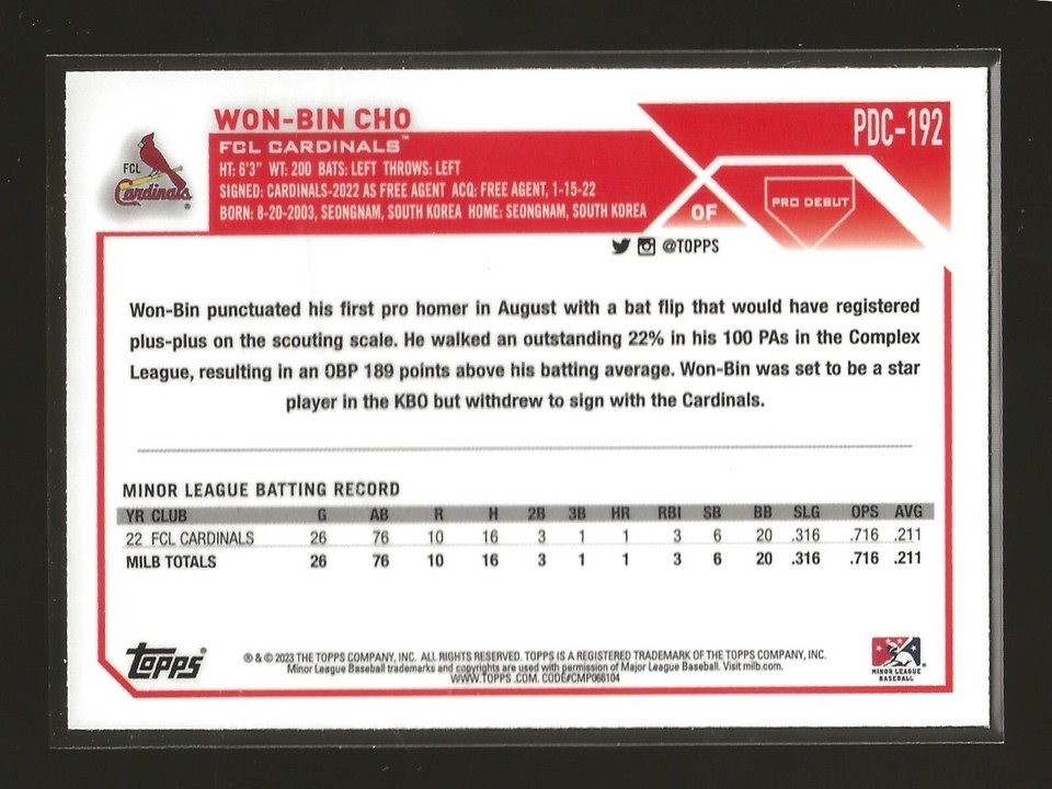 2023 Topps Pro Debut Chrome Won-Bin Cho FCL Cardinals (#PDC-192) A | eBay