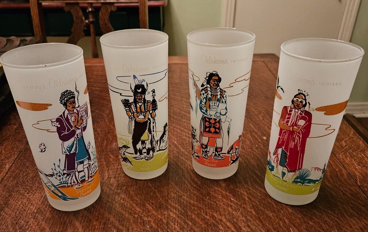 Knox Oil Famous Oklahoma Indians Bacon-Rind Osage Frosted Glasses. Set ...