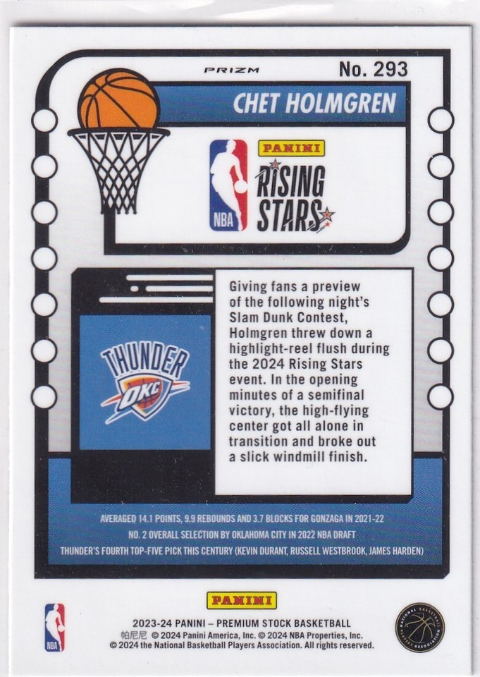 2023-24 Panini Premium Stock NBA N. 293 Chet Holmgren Multi-Wave Prizm ...