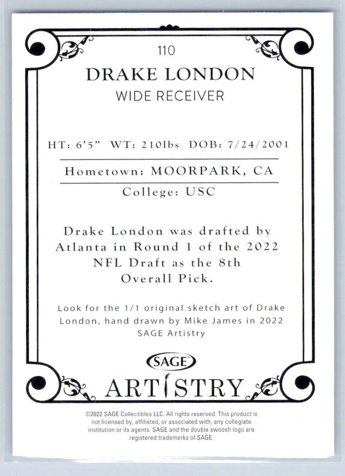 2022 SAGE Artistry - Drake London - USC Trojans - RC - #110 | eBay