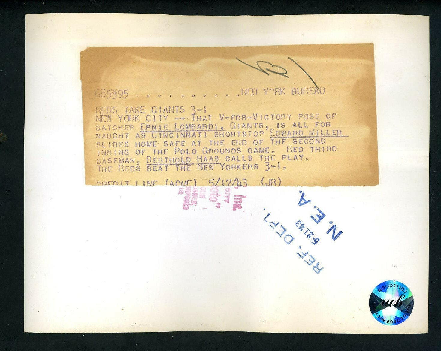 Eddie Miller Bert Haas Ernie Lombardi 1943 Press Photo Giants ...