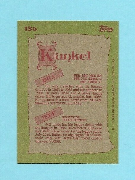 1985 Topps Baseball #136 "Father Son" Bill Kunkel/Jeff Kunkel | eBay