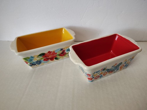 Set of 2 PIONEER WOMAN Mini Stoneware Loaf Pans Red Bird Yellow Floral ...