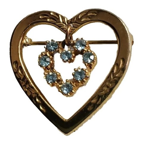 Small Double Heart Pin Brooch Center Heart Blue Rhinestones Gold Tone 1 ...