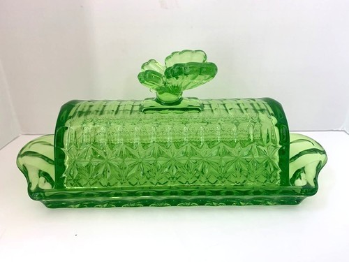 Circleware Green Glass Butter Dish w/Lid Butterfly Design Retro Kitchen ...