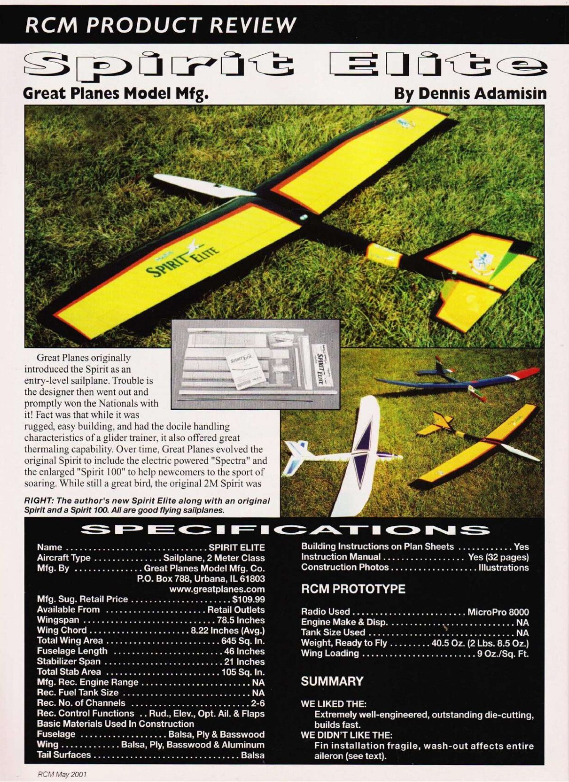 Great Planes Model Airplane Plans (RC): SPIRIT ELITE 2M (78") Sailplane ...