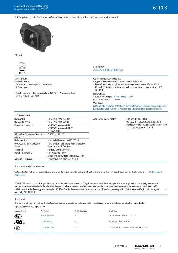 SCHURTER 6110.3100 IEC C16 Inlet, 15 A, 250 VAC, Solder Tabs, Flange ...