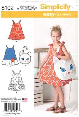 2016 Simplicity 8102 Child's Sundress Kitty Tote size A 3-8 sewing ...