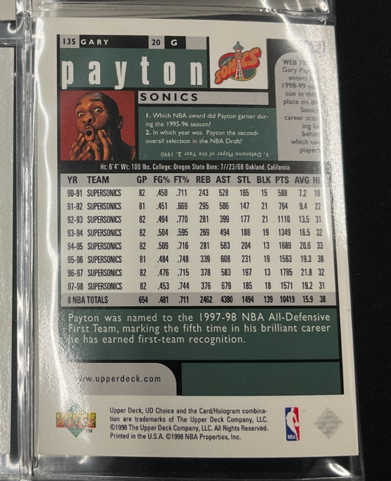 Gary Payton Upper Deck UD Choice Preview 135 1998-99 | eBay