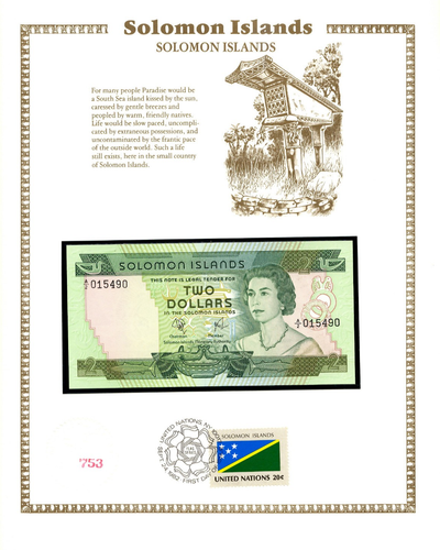 Solomon Islands Banknote 1977 $2 UNC P-5 UN FDI FLAG STAMP prefix A/2 ...