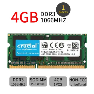 For Crucial 4GB 2GB DDR3 PC3-8500S 1066MHz 1.5V 204Pin SO-DIMM Memory ...