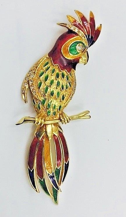 * 18kt Yellow Gold Parrot- Enamel with Diamonds Pin/Brooch | eBay