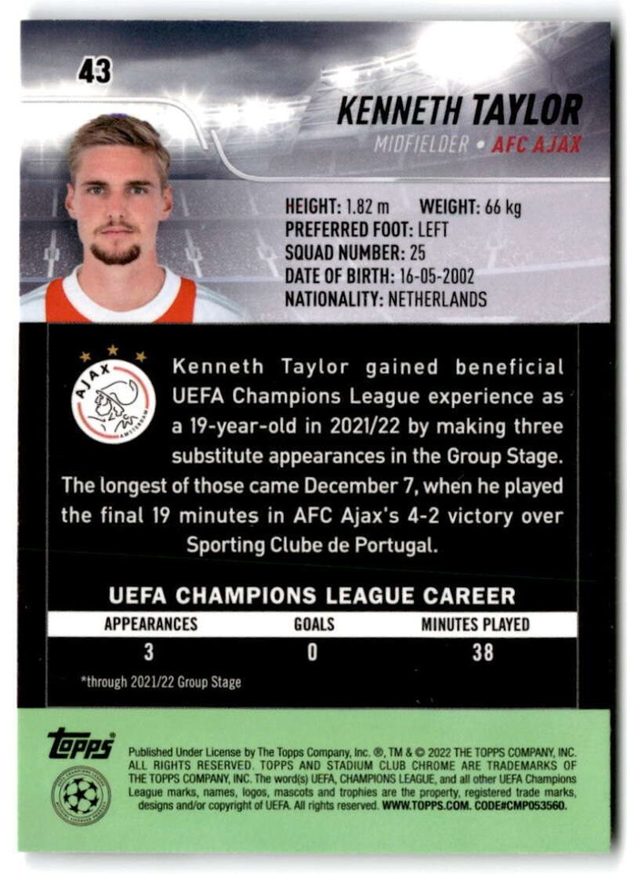 2021 Topps Stadium Club Chrome UEFA Champions League #43 Kenneth Taylor ...