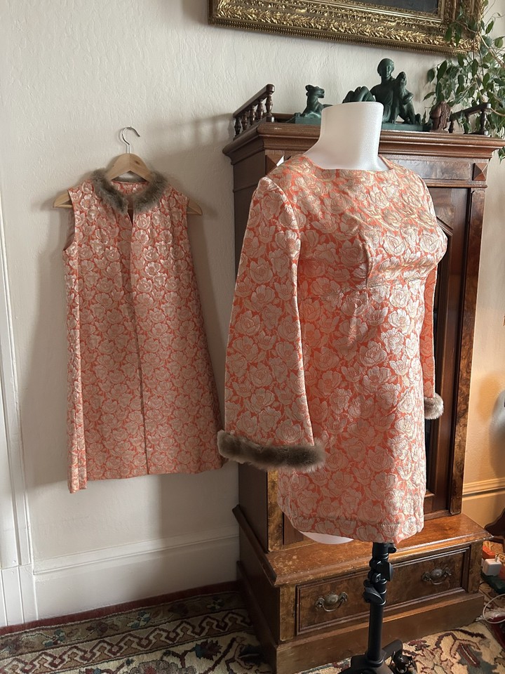 Vintage 60s OOAK Stunning Mini Dress Set with Fur Trim, Silver & Orange ...