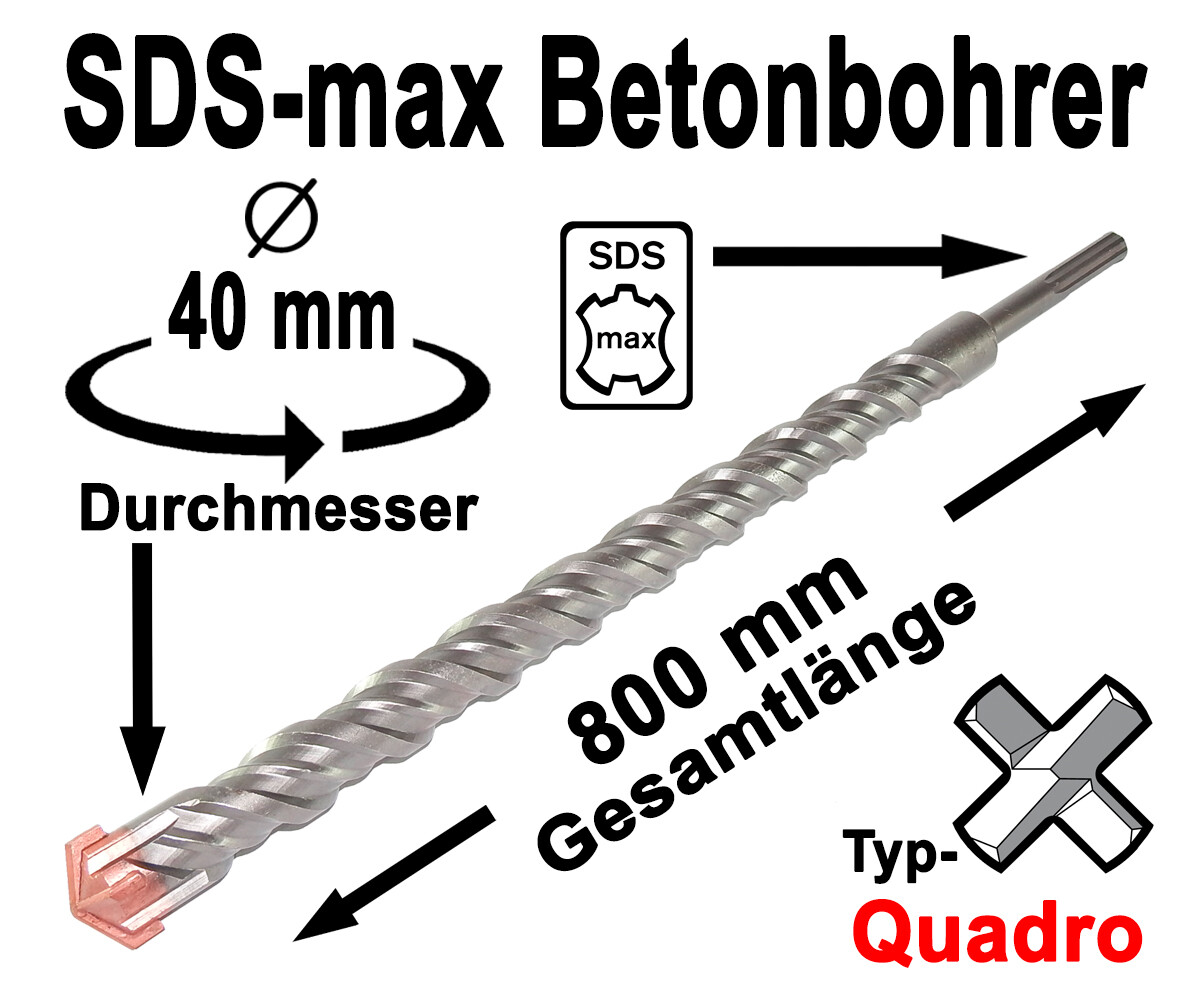 SDS-MAX Quadro Bohrer Ø 40 mm x 800 mm Lang Hammerbohrer Betonbohrer ...