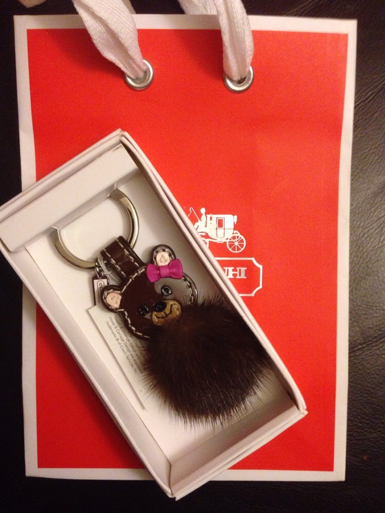 NWT COACH Mink Fur Teddy Bear Key Chain w/ Leather Bow Key Ring / Key ...