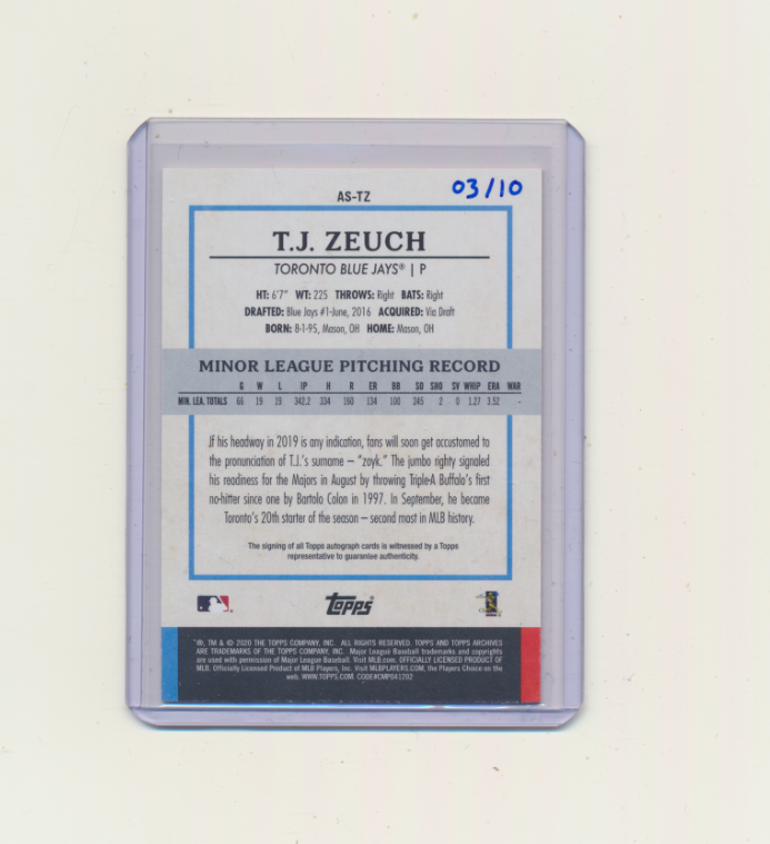 2020 Topps Archives Snapshots Auto Gold /10 Blue Jays RC T.J. Zeuch | eBay
