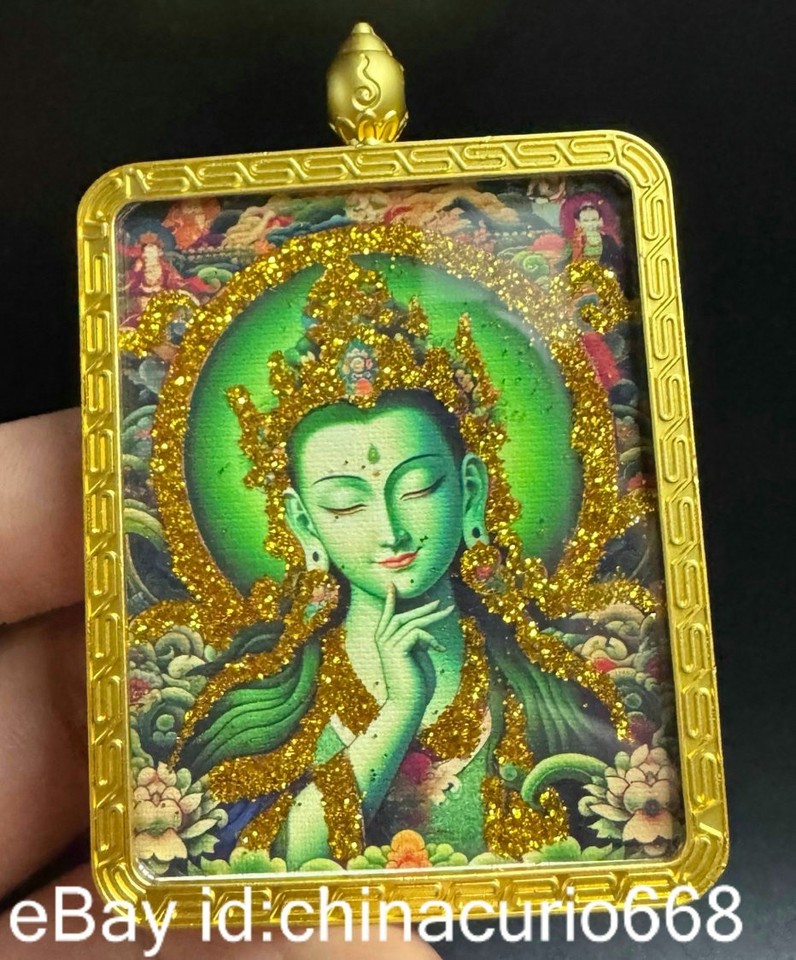 2.6" Old Tibet Gold stroke Painted Green Tara Goddess Flower Tangka ...