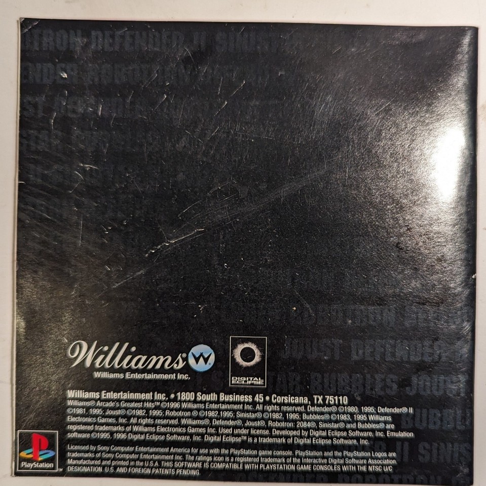 Williams Arcade Greatest Hits Instruction Booklet Playstation PS1 ...