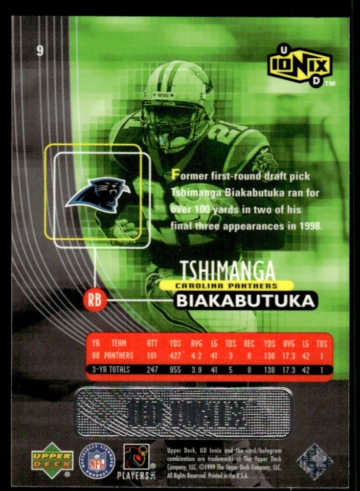 1999 UD IONIX FOOTBALL CARD TIM BIAKABUTUKA #9 CAROLINA PANTHERS 6652 ...