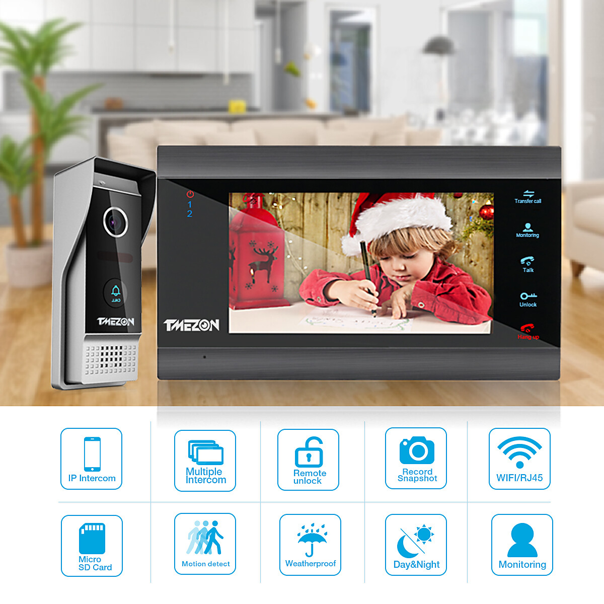 TMEZON 1080P WIFI Video Doorbell Intercom Security System 2x7'' Monitor ...