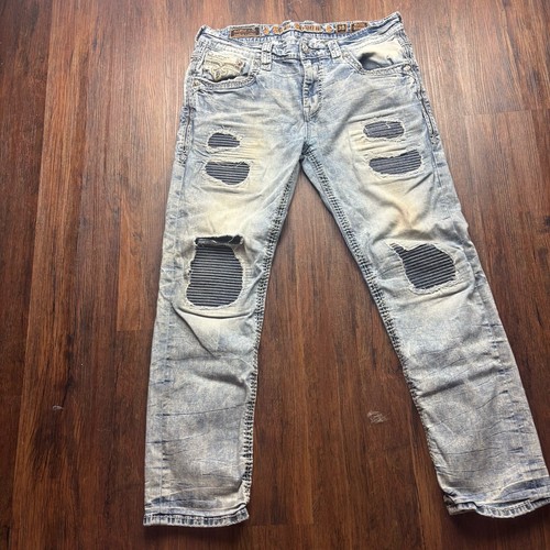 Rock Revival Nelly Straight Jeans Distressed Light Wash Patches Men’s ...